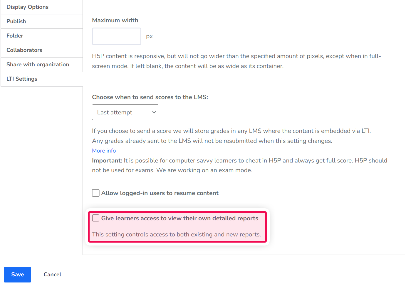 Access to Learner Reports – H5P
