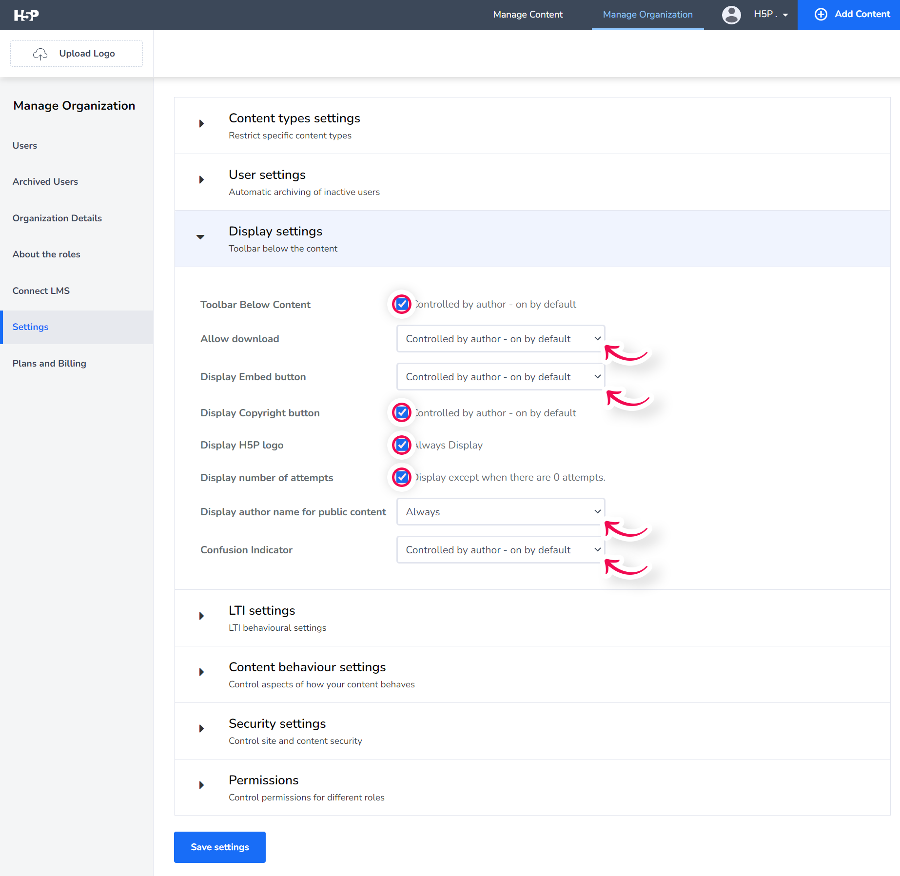 Organization Settings – H5P