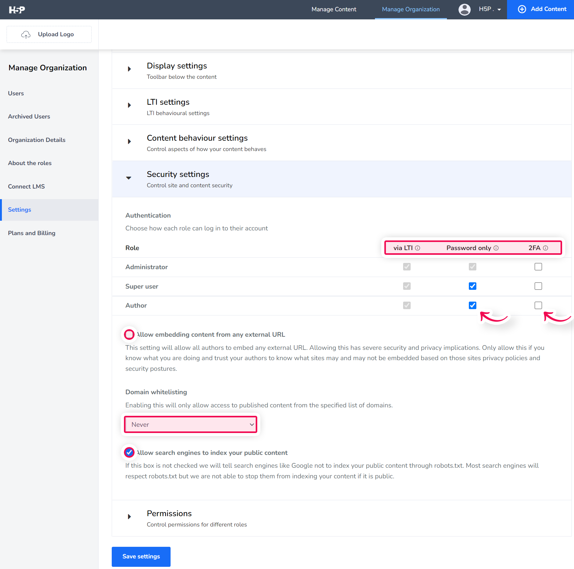 Organization Settings – H5P