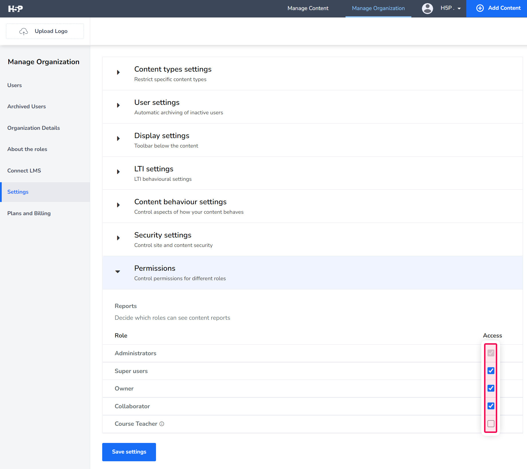 Organization Settings – H5P