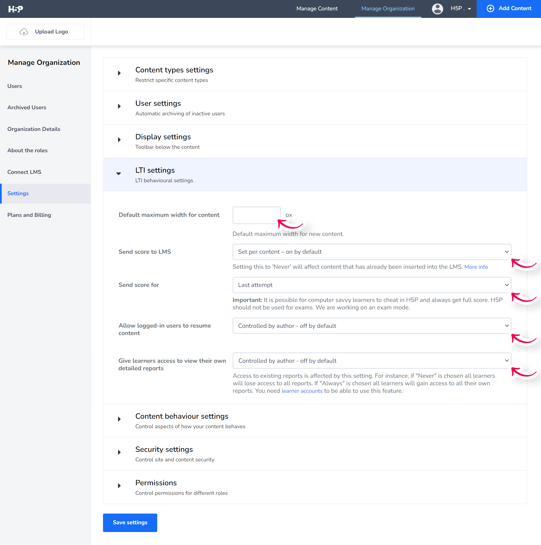 Organization Settings – H5P